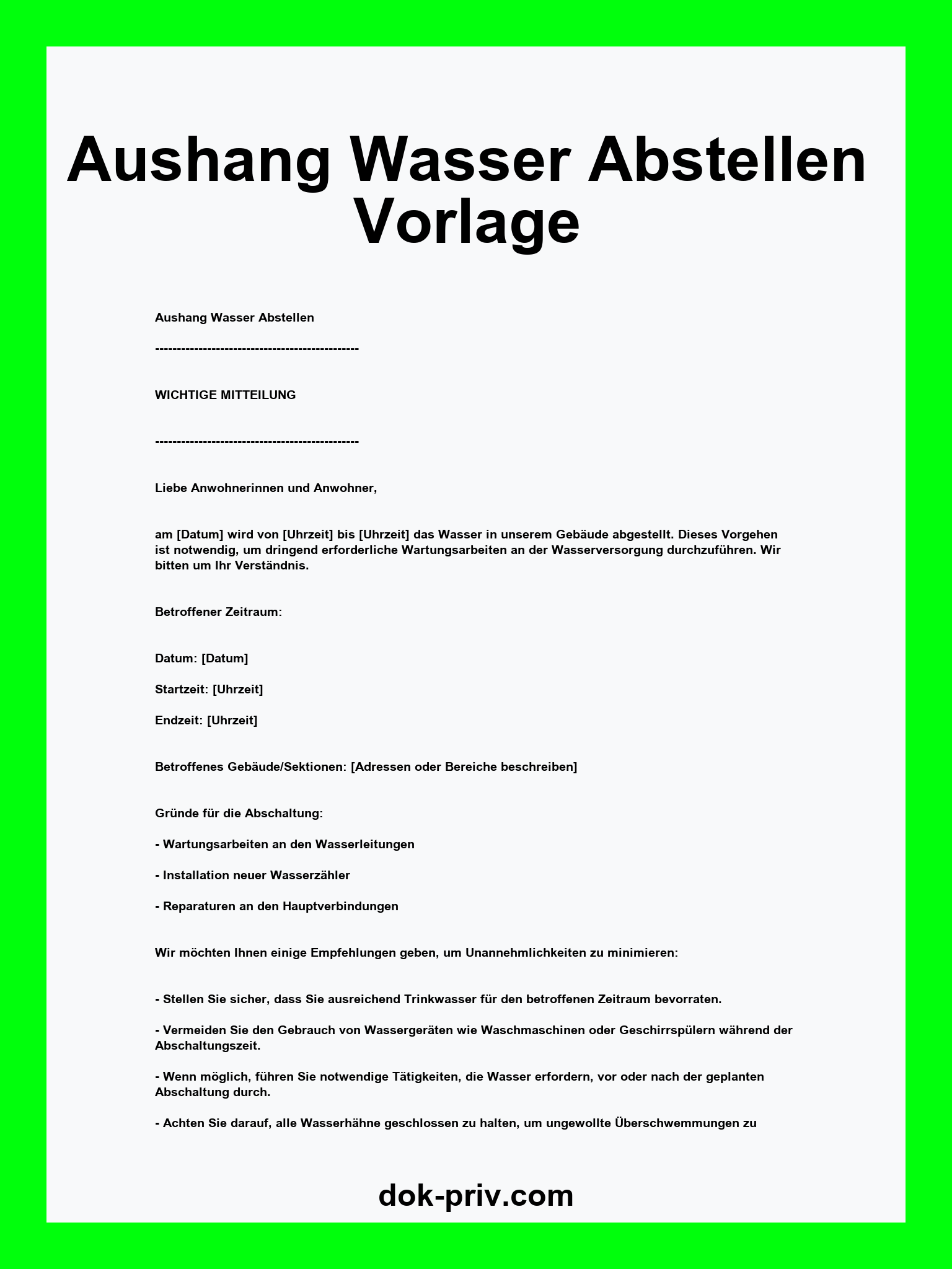 Aushang Wasser Abstellen Vorlage