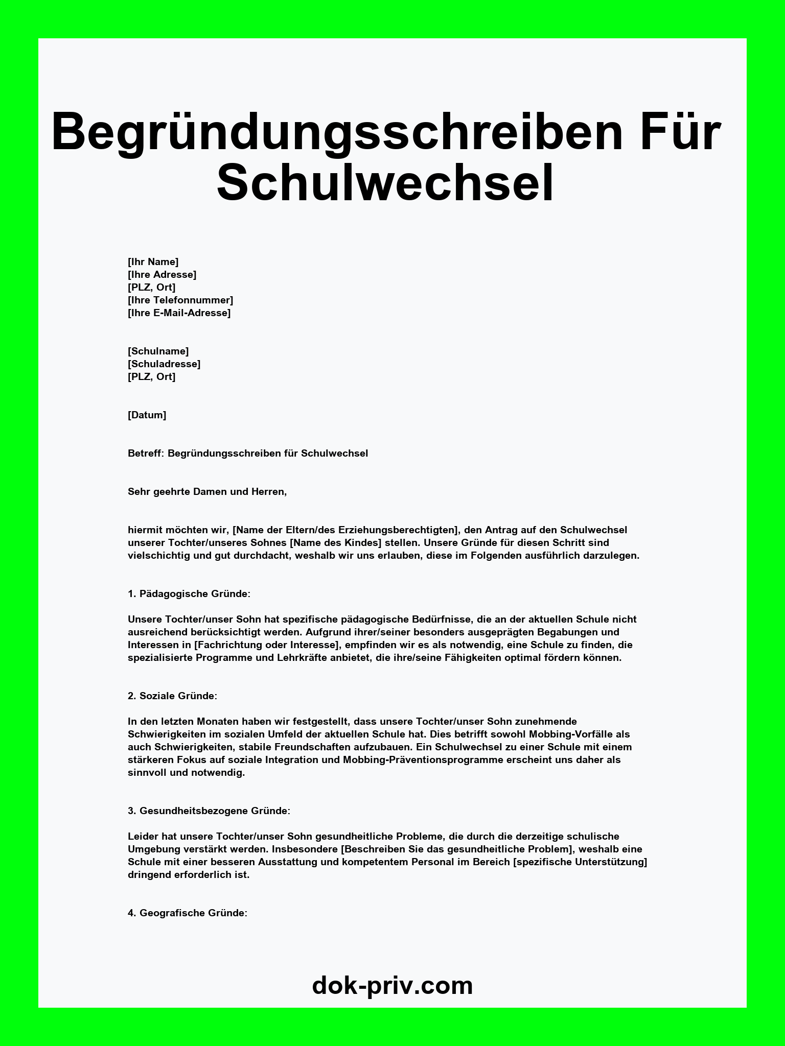 Begründungsschreiben Für Schulwechsel
