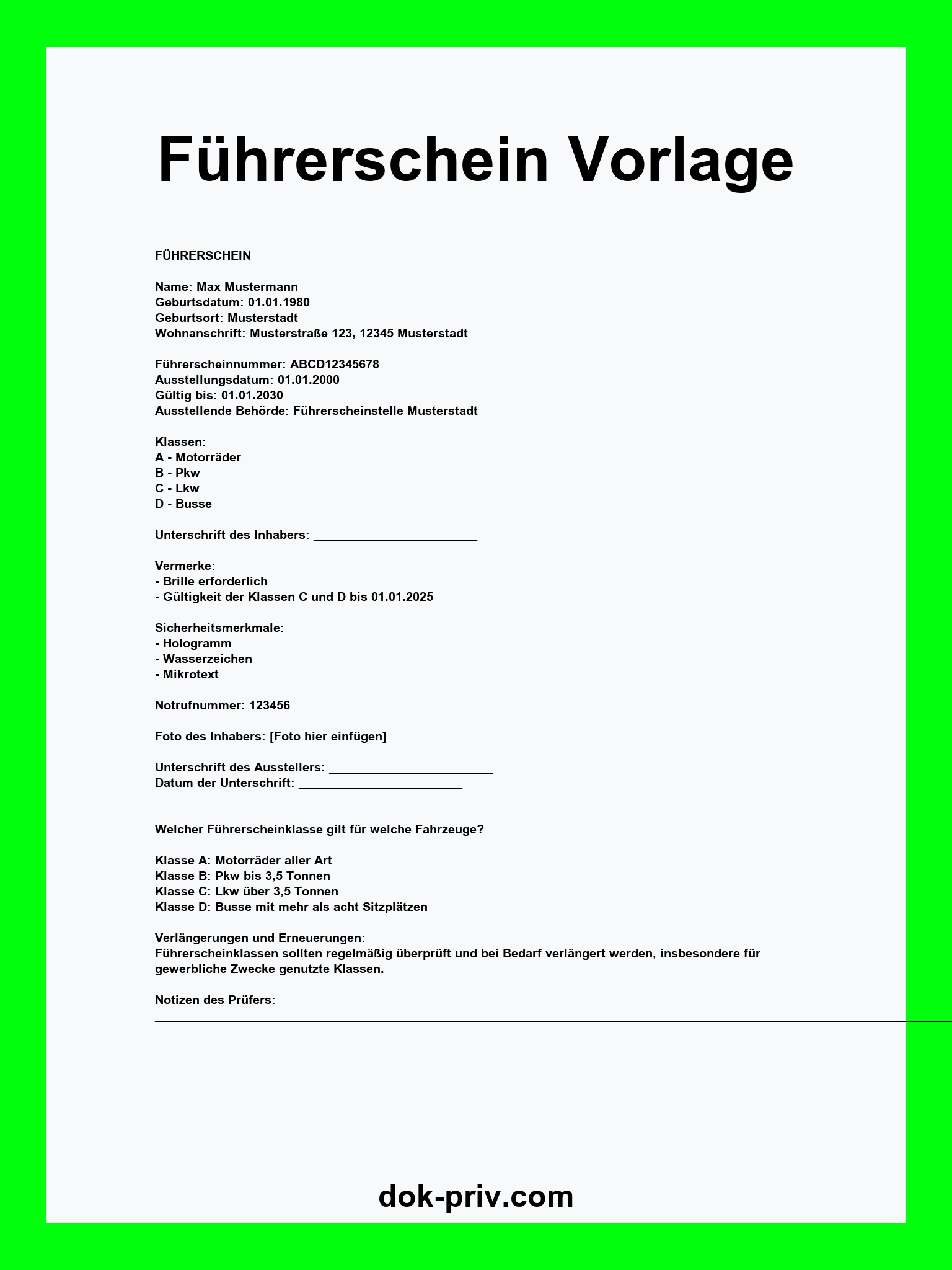 Führerschein Vorlage WORD
