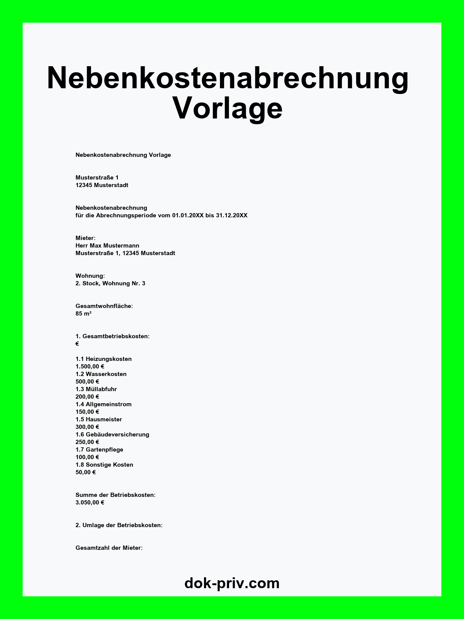 Nebenkostenabrechnung Vorlage WORD