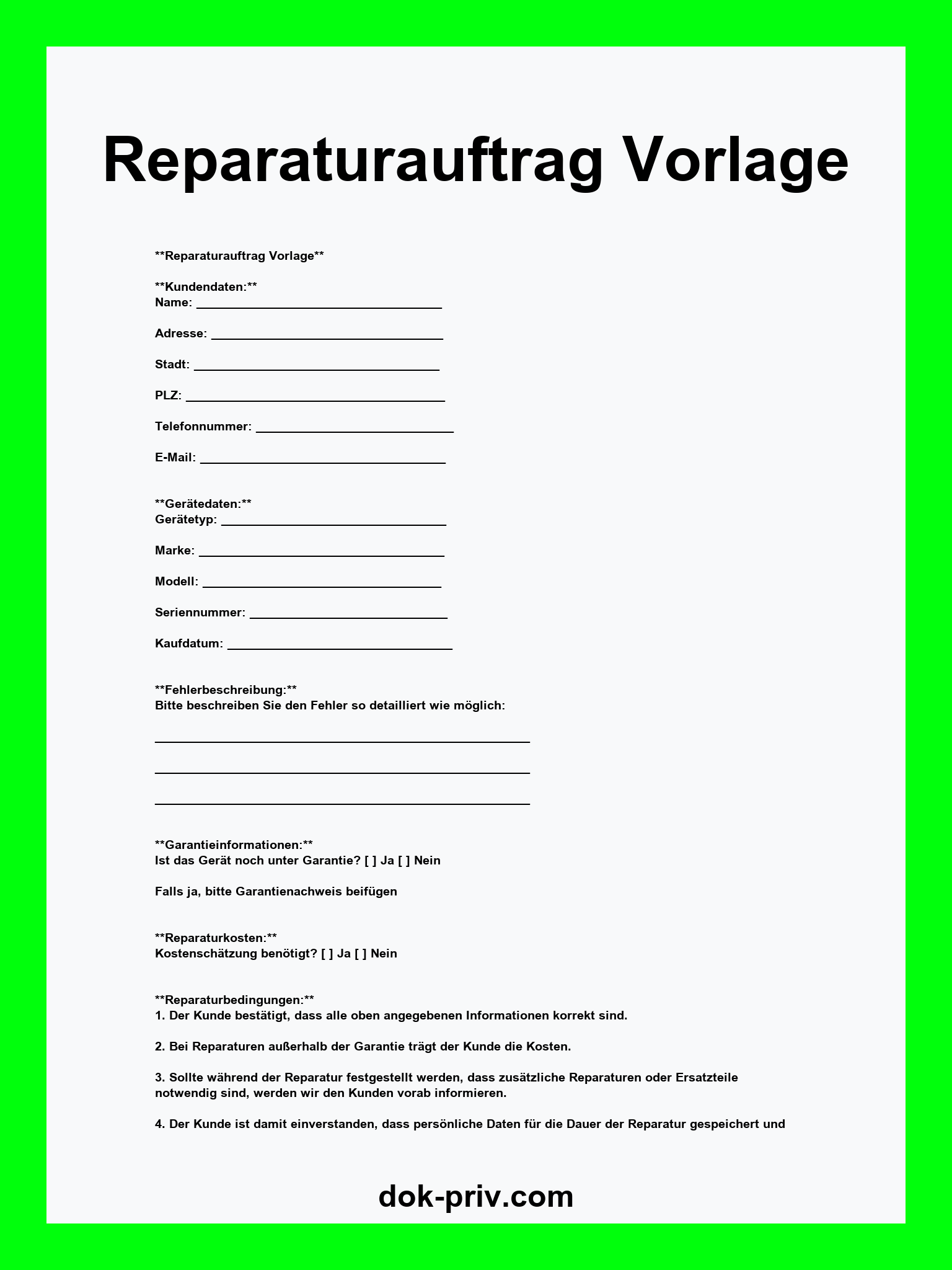 Reparaturauftrag Vorlage WORD Kostenlos
