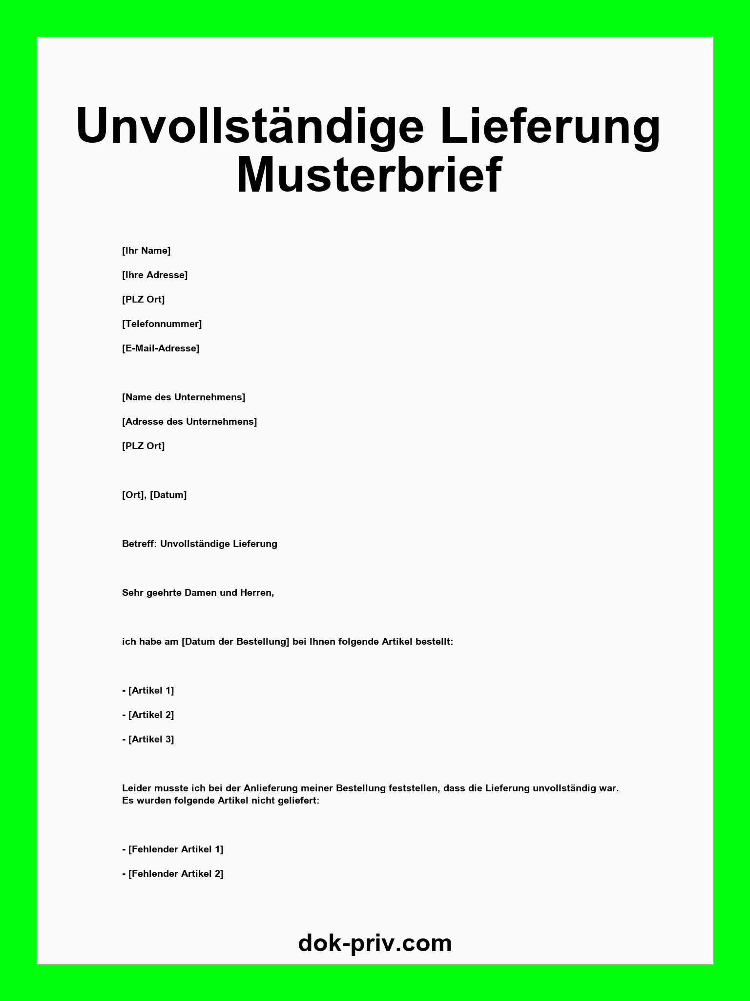 Unvollständige Lieferung Musterbrief